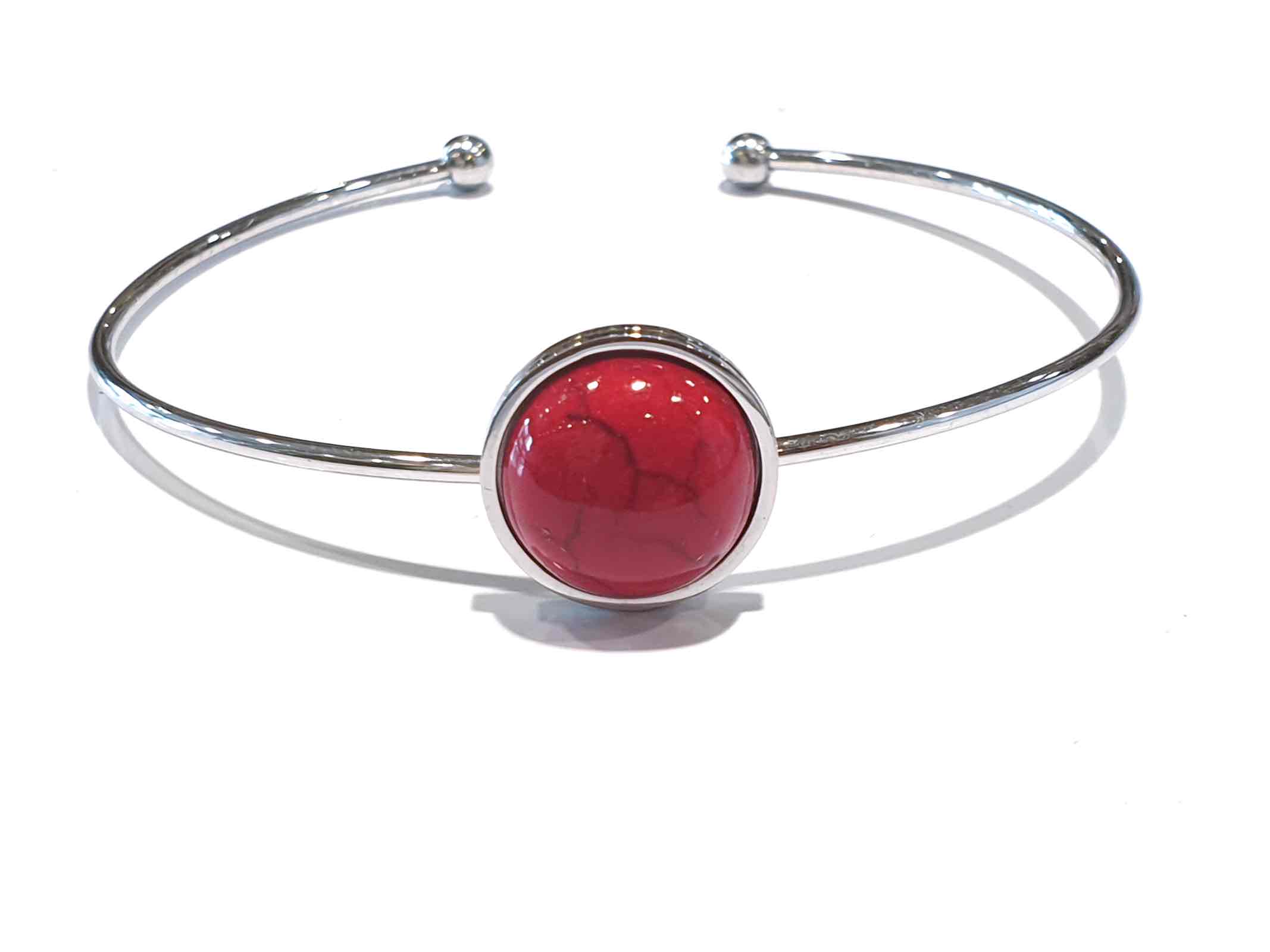 Bracelet jonc acier pierre rouge - Bracelets rigides - Bijoux fantaisie